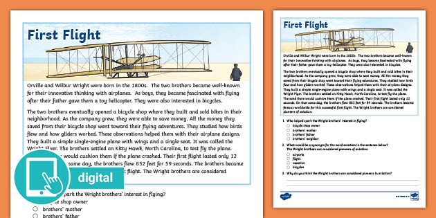 Fourth Grade First in Flight Reading Passage Comprehension Activity
