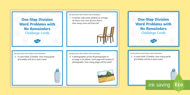 One Step Division Word Problems With No Remainders Challenge Cards