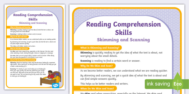 Year 3/4 Reading Comprehension Skills - Skimming and Scanning Poster