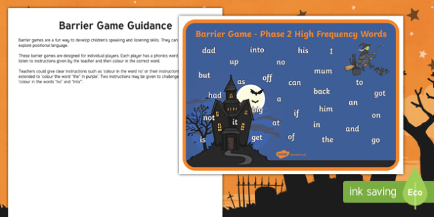 Halloween Themed Phase 2 High Frequency Words Barrier Game Worksheet