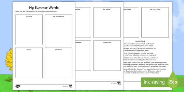 Summer Words Make Your Own Dictionary Worksheet / Worksheet - German