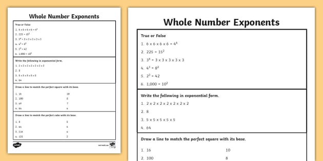 Basic Exponents Worksheets