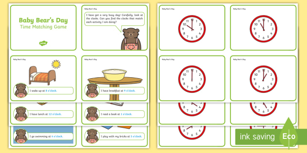 Baby Bear's Day - O'clock Time Matching Game - Time Matching Game