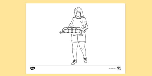 FREE! - Girl Carrying Tray with Drinks Colouring | Colouring Sheet