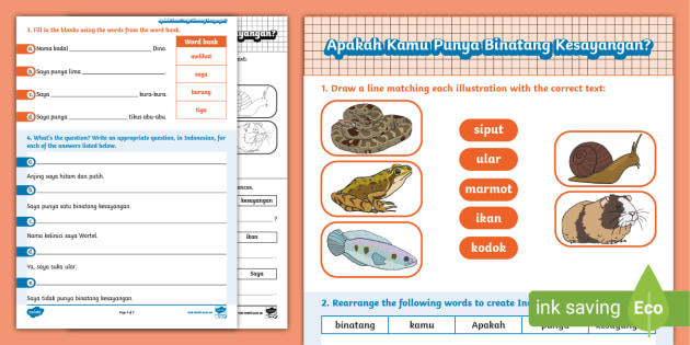 Pet Animals Activity Sheet - Indonesian (teacher made)