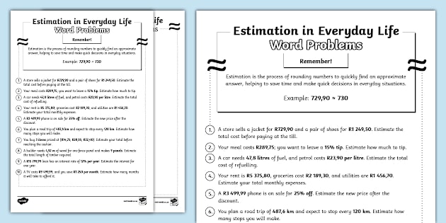 Estimation Word Problems Worksheets
