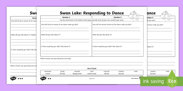 Swan Lake Responding to Dance activity 2 Differentiated Worksheet