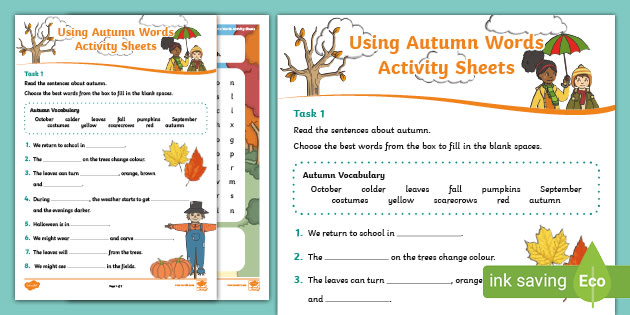 Using Autumn Words Activity Worksheets (teacher made)