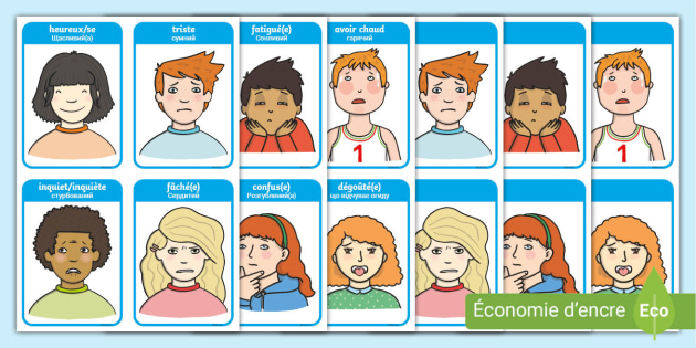 Cartes de vocabulaire français/ukrainien : les émotions