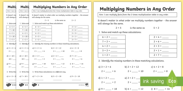 Y2 Multiplying Numbers in Any Order Differentiated Worksheets