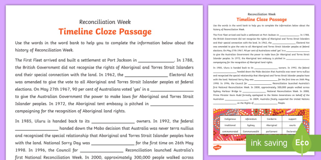 National Reconciliation Week Cloze Passage Worksheet / Worksheet ...