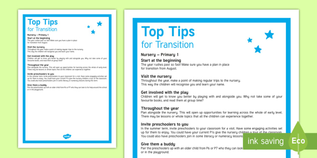 Transition Nursery to Primary 1 Top Tips (teacher made)