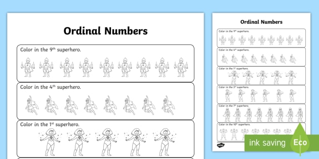 Superhero Ordinal Numbers Activity Sheet - ordinal, numbers