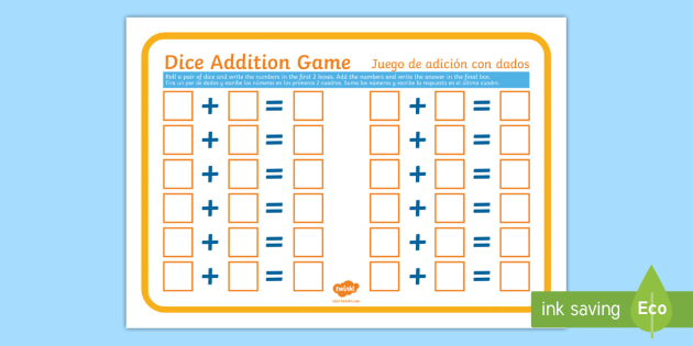 Dice Addition Game English/Spanish - Dice Addition Game Sheet