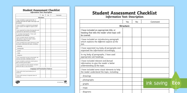 Informative Text: Description Student Assessment Checklist