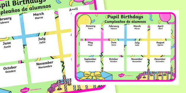 Pupil Birthday A4 Display Poster Spanish Translation