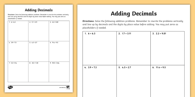Worksheets Addition Of Decimals