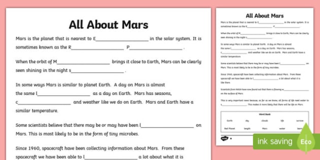 Mars Differentiated Cloze Activity - mars, space, planets