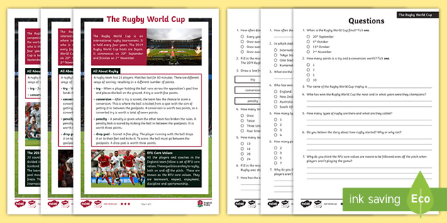 LKS2 The Rugby World Cup Reading Comprehension