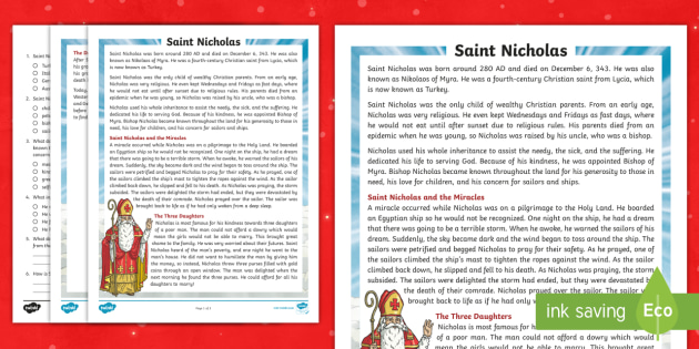 Fifth Grade Saint Nicholas Reading Comprehension Activity