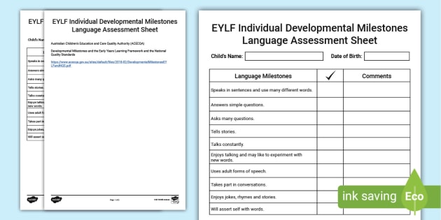 EYLF Individual Developmental Milestones Language Assessment Sheet