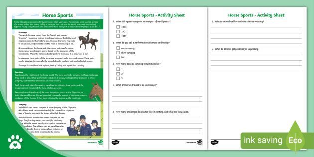 Horse Sports - Reading Comprehension - KS2 - Twinkl Pets