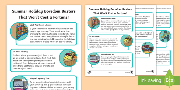 Low Cost Fun in the Holidays Worksheet / Activity Sheet - money, family