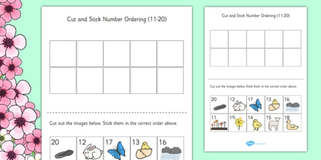 Spring Themed Cut and Stick Number Ordering Sheets 11-20 - number