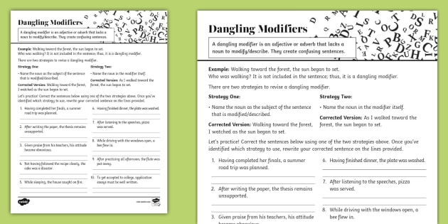Dangling And Misplaced Modifiers Worksheet Dangling Modifiers