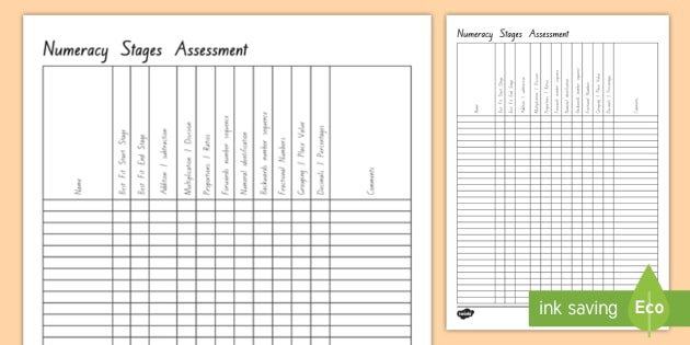 Numeracy Stages Assessment Sheet (teacher made)