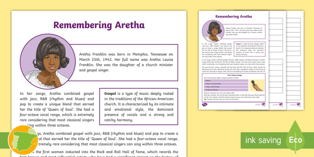 * NEW * Remembering Aretha Franklin Activity Sheet - Respect