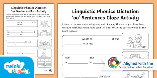 NI Linguistic Phonics Phase 2 'oo' Dictation Sentences Cloze