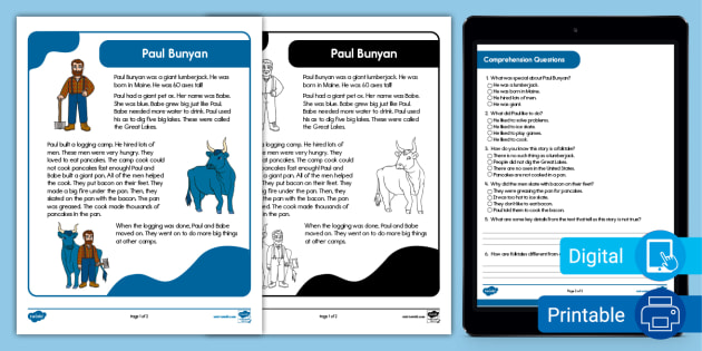 First Grade Paul Bunyan Reading Comprehension Activity