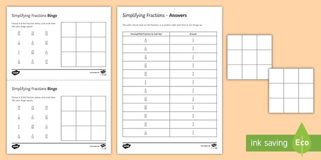 Simplifying Fractions Bingo