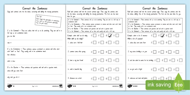 Correct the Sentence Punctuation Activity