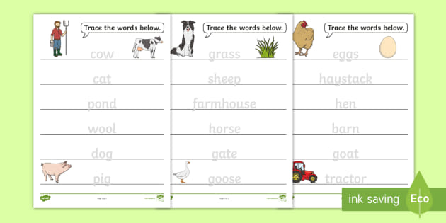 The Farm Aistear Trace the Words Worksheet