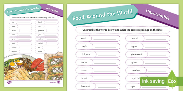Food Around the World Word Unscramble - Year 6 HASS