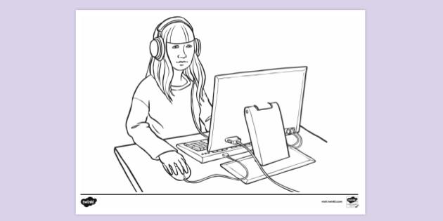 Girl at Computer with Headphones Colouring Sheet