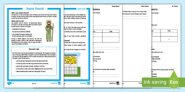 Saint David Differentiated Reading Comprehension Activity