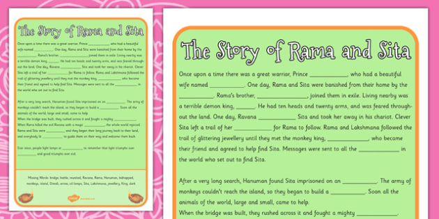 The Story of Rama and Sita Cloze Worksheet - diwali, hinduism