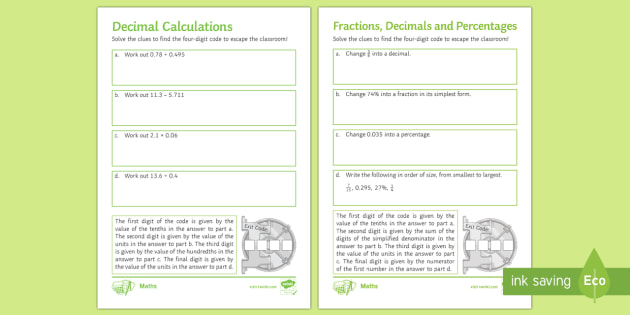 Escape the Room: Fractions, Decimals & Percentages Exit Ticket
