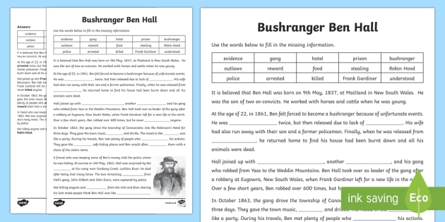 Ben Hall Cloze Worksheet | Australian Bushrangers Work Unit