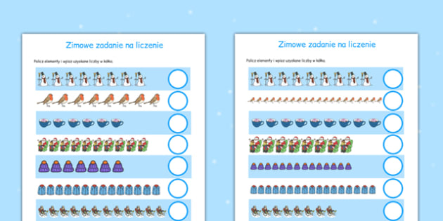 Zimowe zadanie na liczenie do 20 po polsku