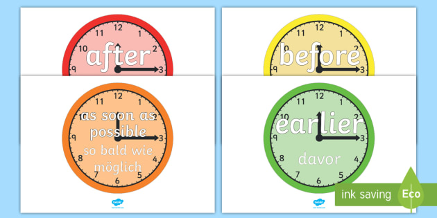 Time Conjunctions on Clocks Display Posters English/German - EAL, German