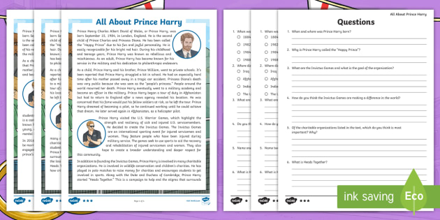 * NEW * All About Prince Harry Differentiated Reading Comprehension ...