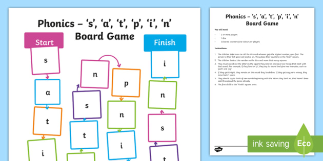 Phonics – ‘s’, ‘a’, ‘t’, ‘p’, ‘i’, ‘n’ Board Game