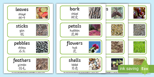 Natural Materials Photo Word Cards - English/Mandarin Chinese/Pinyin