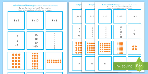2, 5 and 10 Times Table Multiplication Matching Puzzle English/Spanish