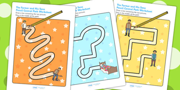 The Farmer and His Sons Pencil Control Path Worksheets - stories