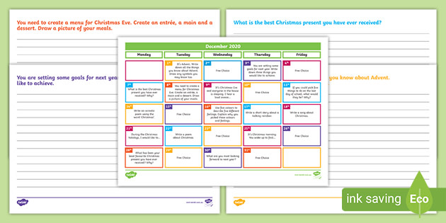 December Writing Prompts Display Calendar
